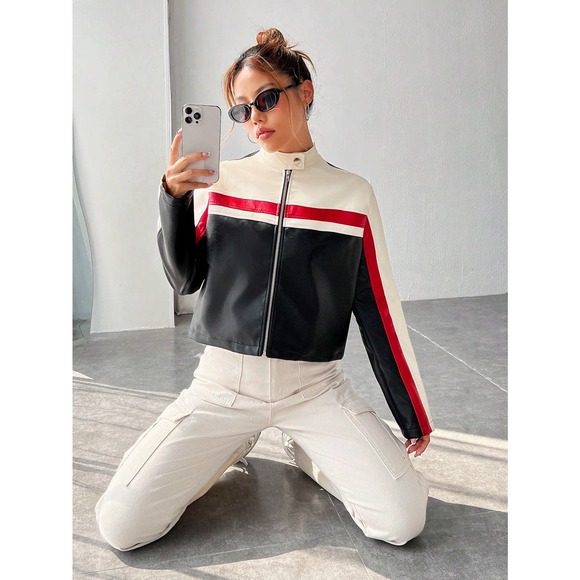 WILA | Jackets & Coats | Minimalist Colorblock Zip Up Cropped Vegan ...